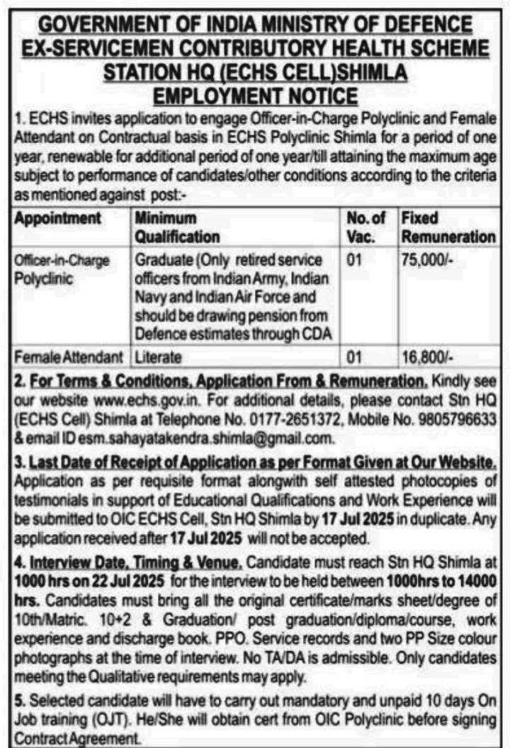 ECHS Polyclinic Shimla Office InCharge Recruitment 2025