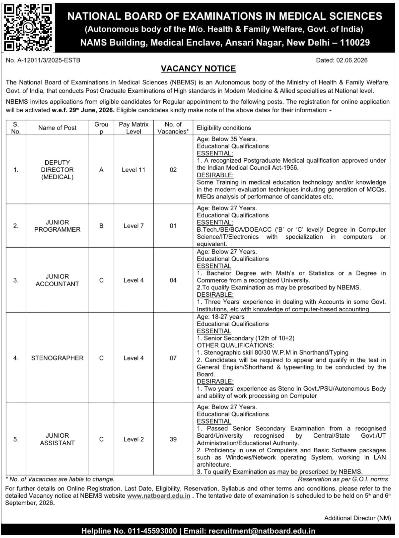 NBEMS Recruitment 2026 (53 Group A, B & C Posts) Apply Now